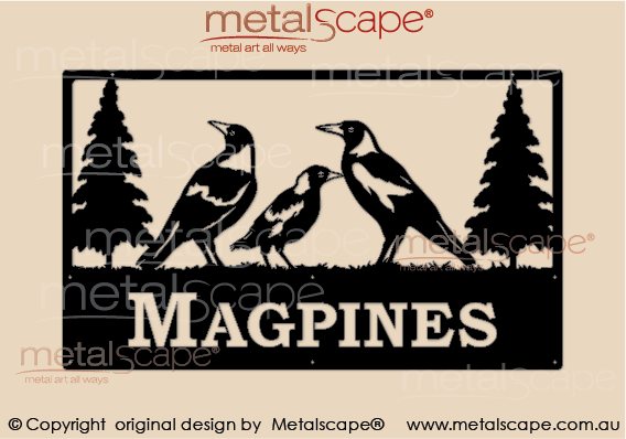 Metalscape - Farm Property Sign - Magpies and Pine Trees
