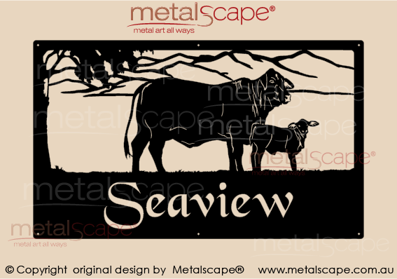 Metalscape - Farm Property Sign - Droughtmaster Cow, Calf and Mountain ...