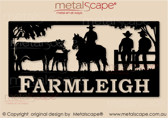 Farm Property Sign - Angus Cow and Calf, Horse rider, 2 guys on fence ...